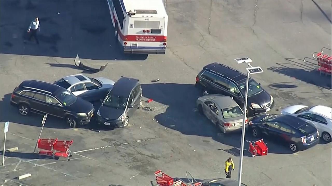Bus smashes into cars in California store parking lot - CGTN