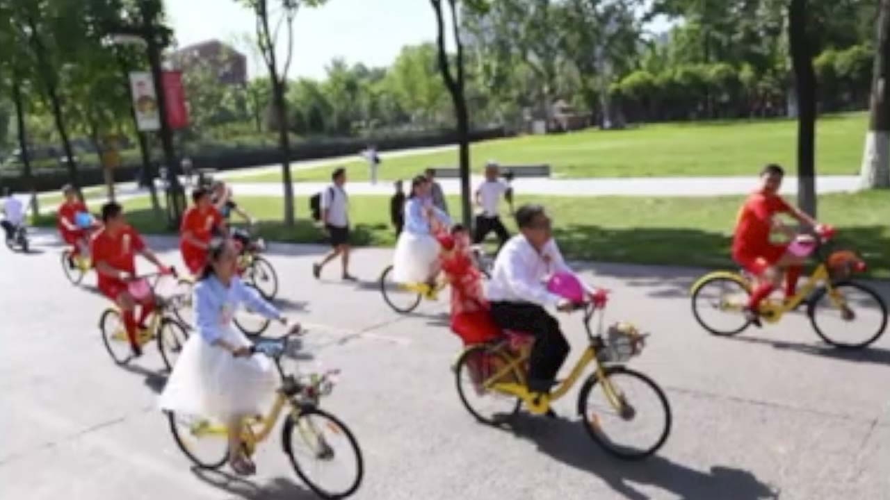 Chinese couple uses shared bikes for wedding convoy - CGTN